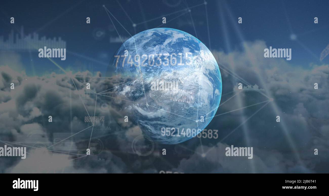 Multiple changing numbers and network of connections against globe and clouds in the sky Stock ...