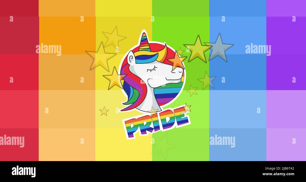 Image of stars over pride text on rainbow background Stock Photo - Alamy