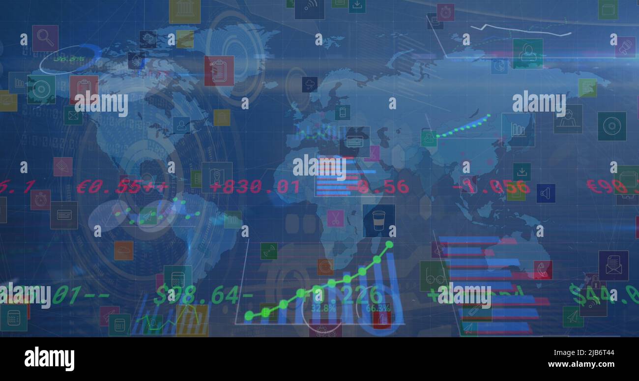 Image of financial data processing over world map Stock Photo - Alamy