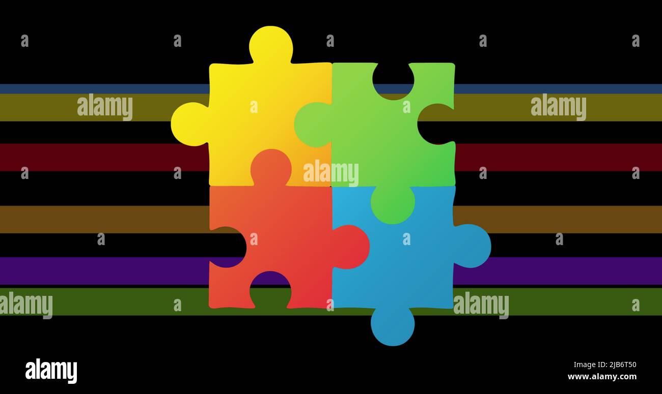 Image of colourful puzzle over colourful lines on black background ...