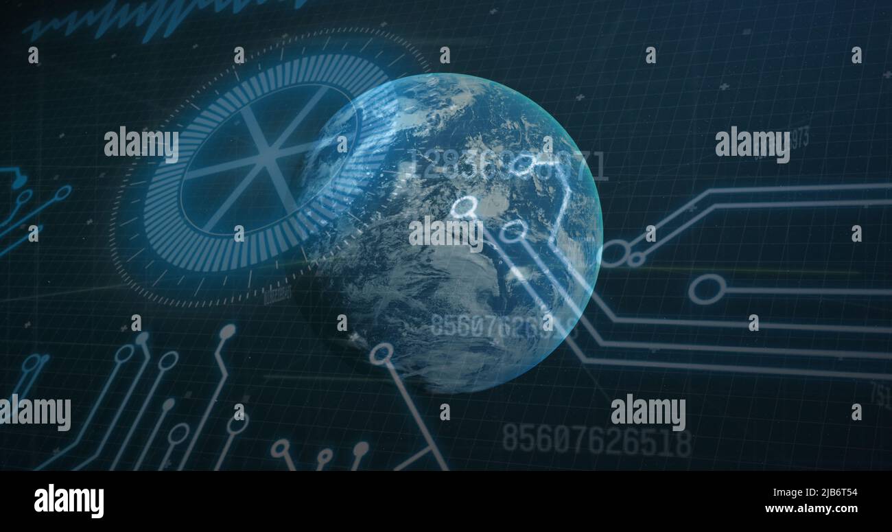 Image of data processing, globe spinning with computer circuit board in ...