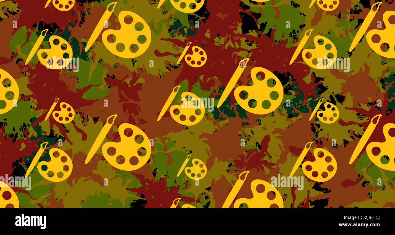 Image of colour palette icons over colourful stains on black background ...