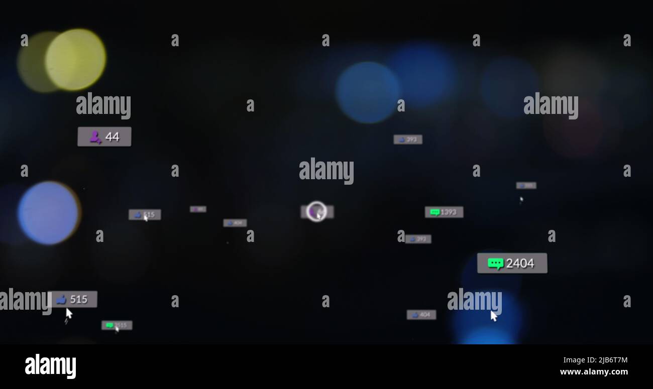 Image of social media icons and numbers over out of focus flickering ...