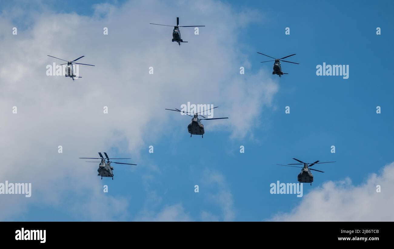 Helicopters in formation at the flypast in London for the Platinum ...