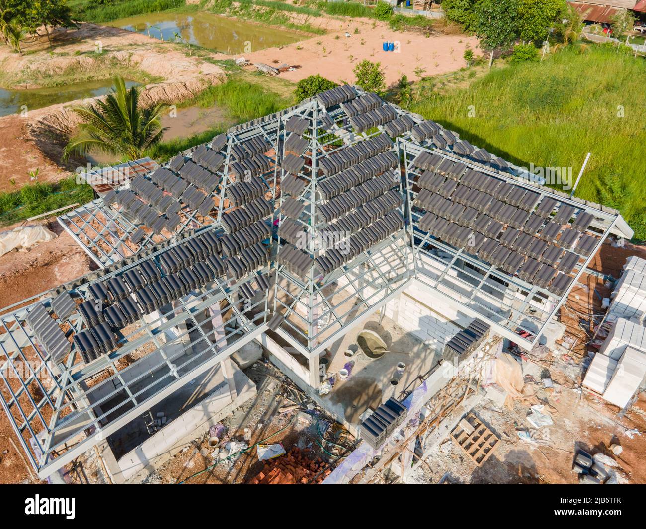 Aerial view of Concrete or CPAC cement roof tiles on the new roof are ...
