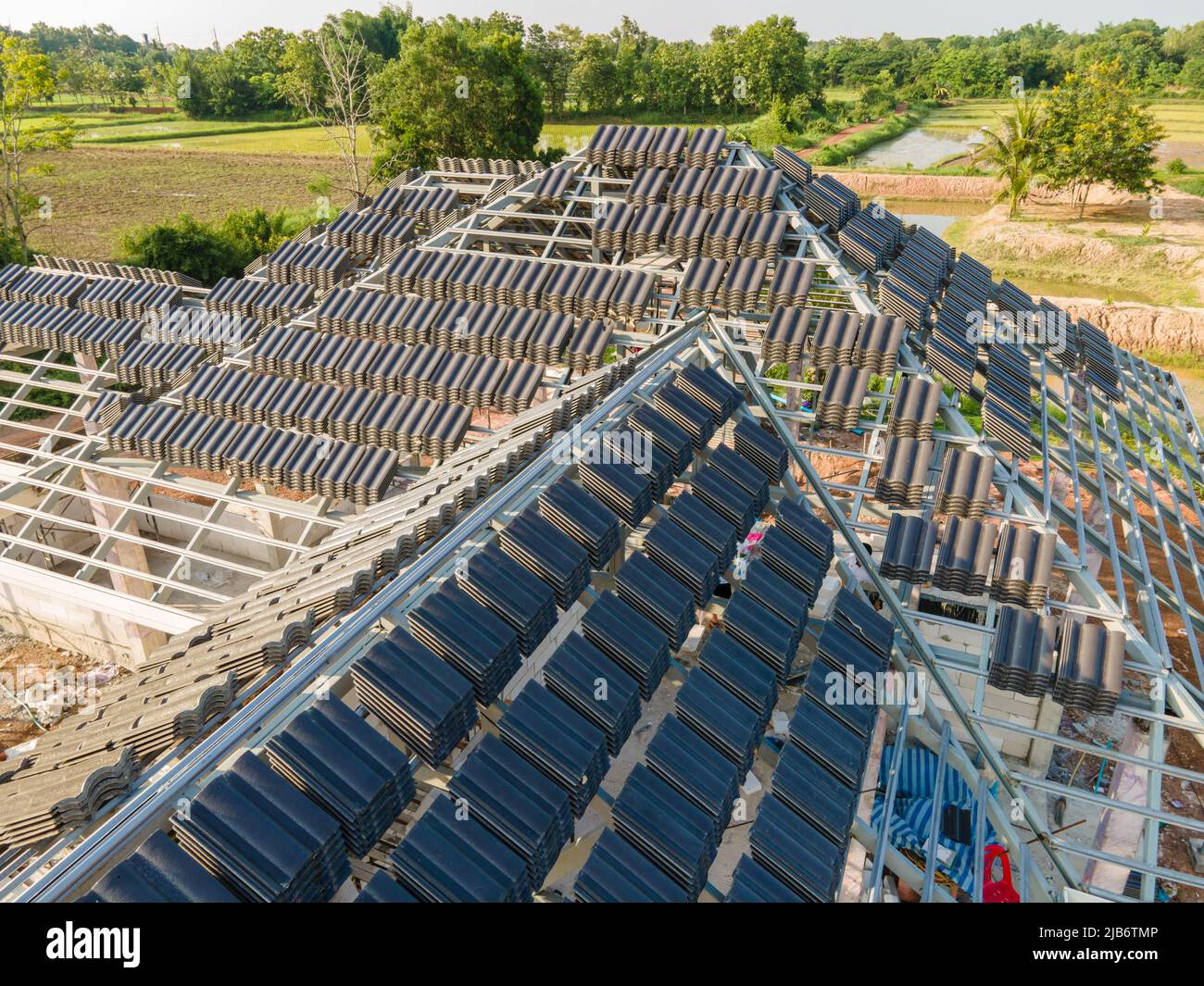 Aerial view of Concrete or CPAC cement roof tiles on the new roof ...