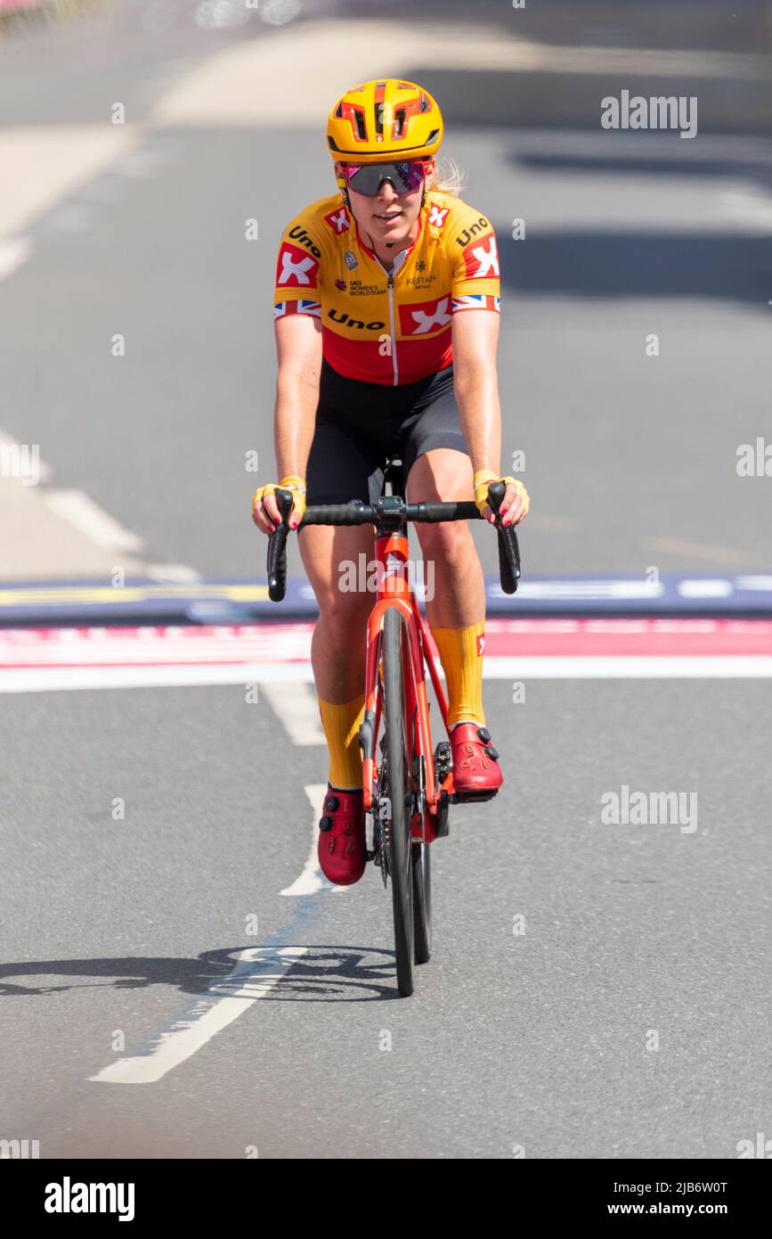Hannah Barnes of Uno X Pro Cycling Team after crossing the finish line ...
