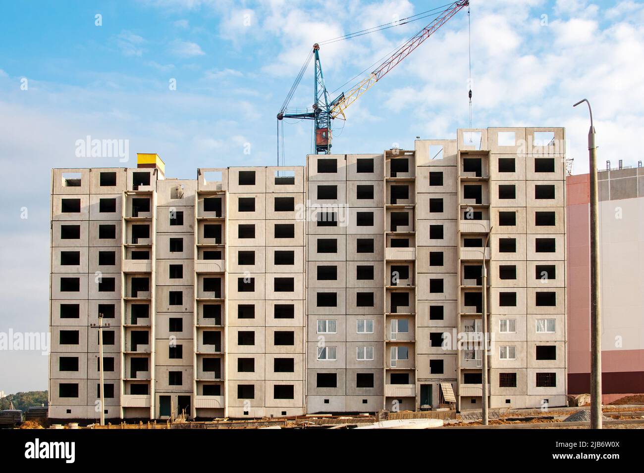 Construction of a residential building made of concrete blocks. View of ...