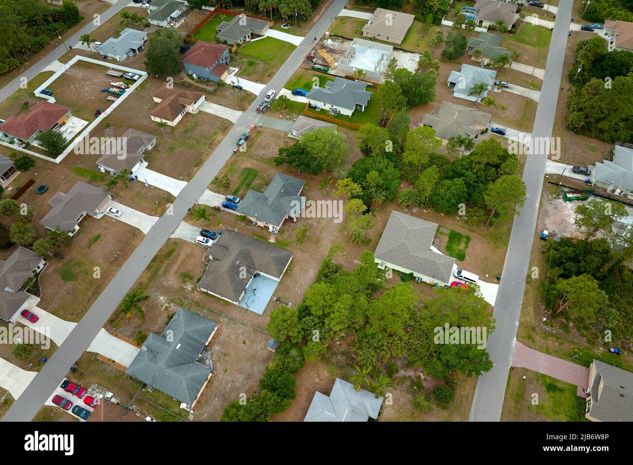 Aerial landscape view of suburban private houses between green palm ...