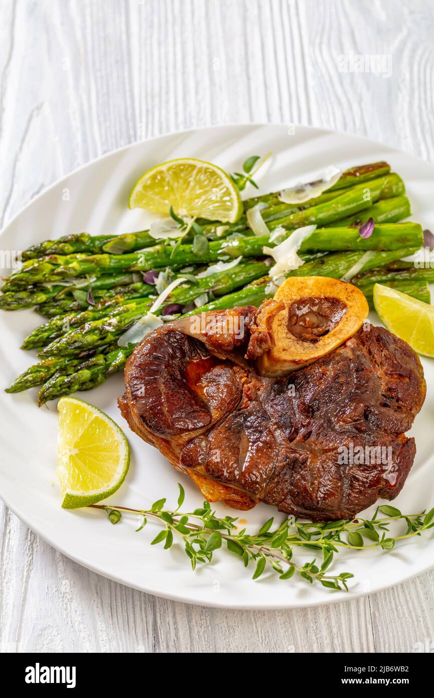 braised osso buco, veal shank steak with grilled asparagus, lime and ...