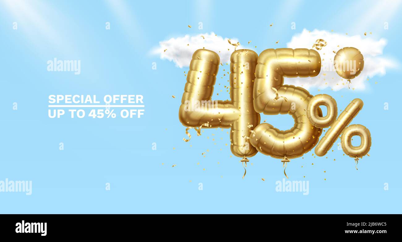 45 Off. Discount creative composition. 3d Golden sale symbol with ...