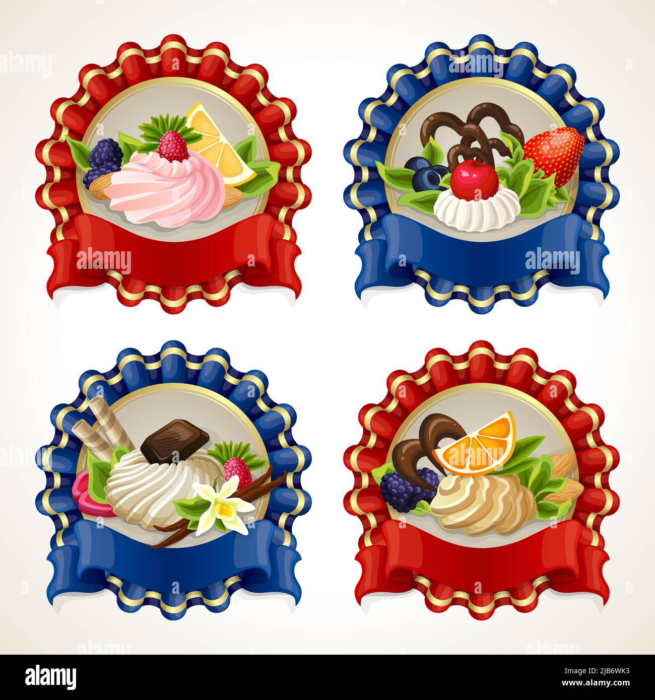 Decorative sweets food ribbon banners set with fruits nuts cream and ...