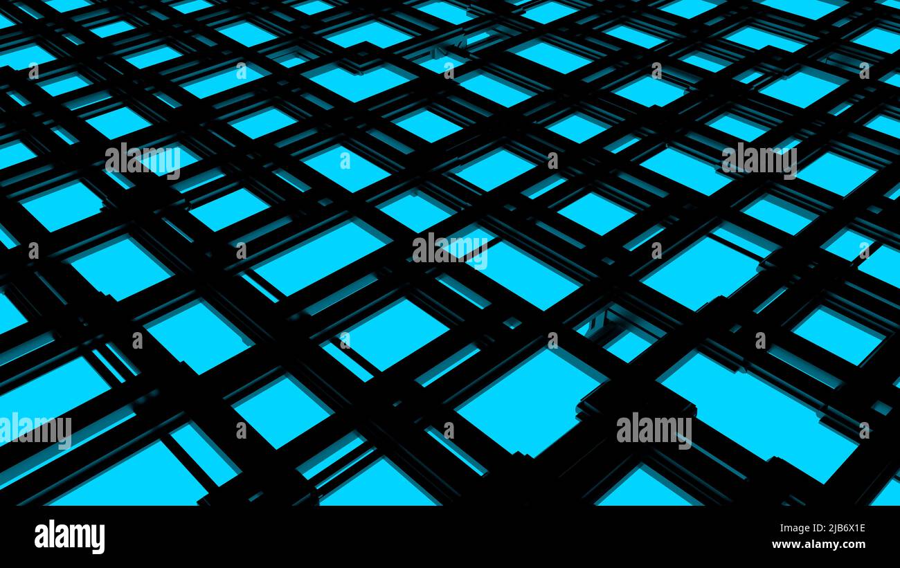 Close-up to wall with blue windows of black futuristic building with ...