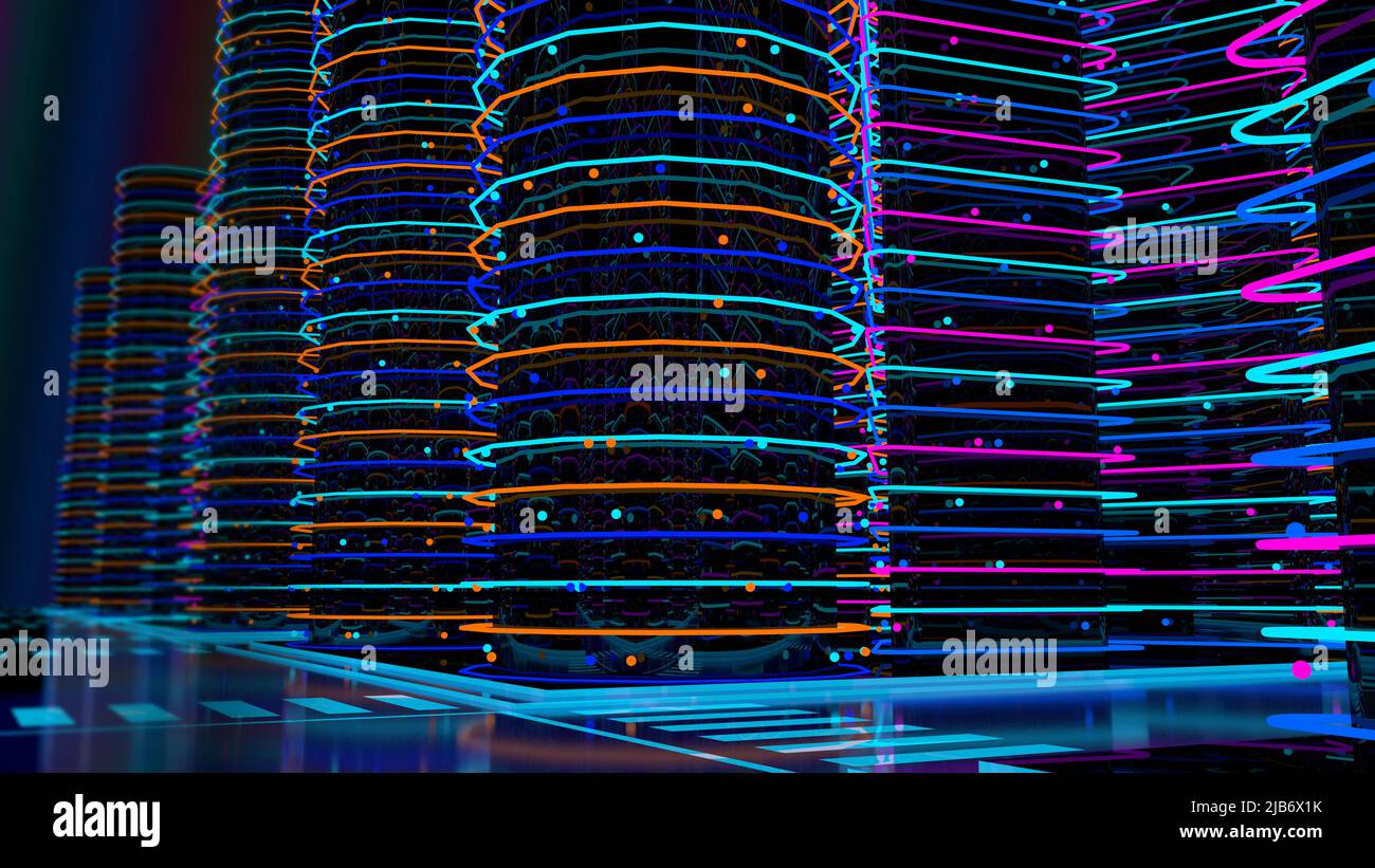 Night view of futuristic city with tall glass buildings illuminated ...
