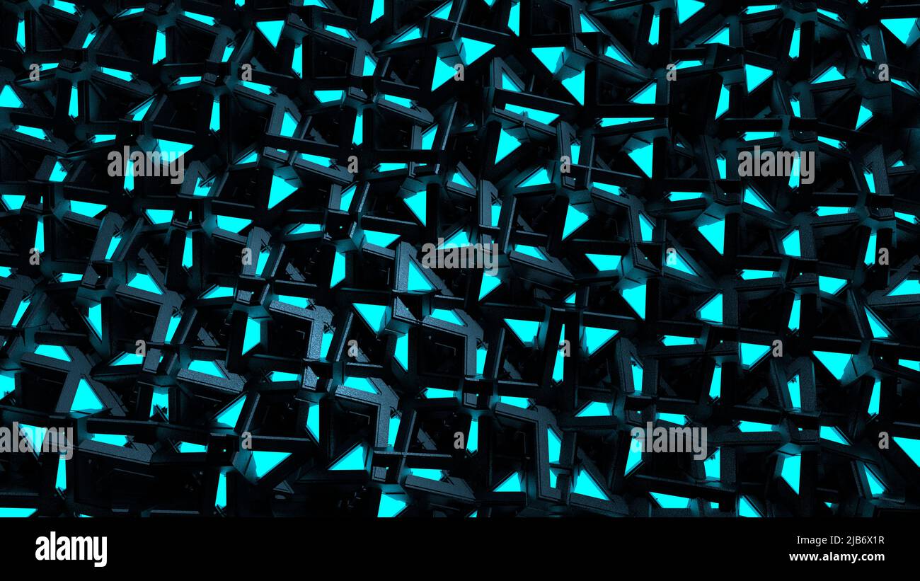 Close-up to wall with blue windows of black futuristic building with ...