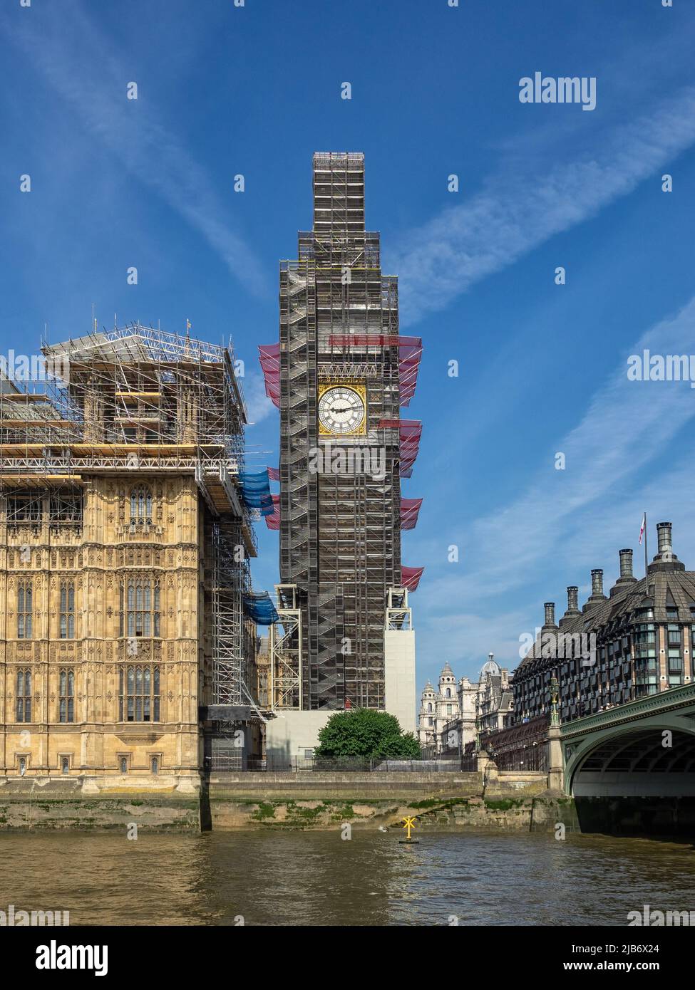 LONDON, UK - JULY 04, 2018: The Elizabeth Tower (Big Ben) covered in ...