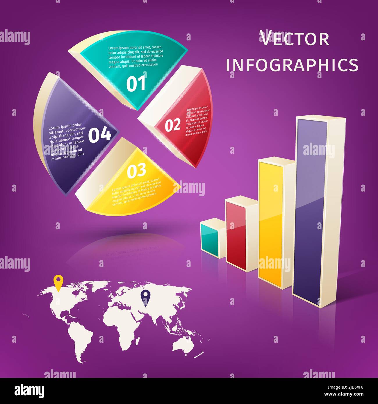 Abstract 3d pie chart columns and map business infographics layout ...