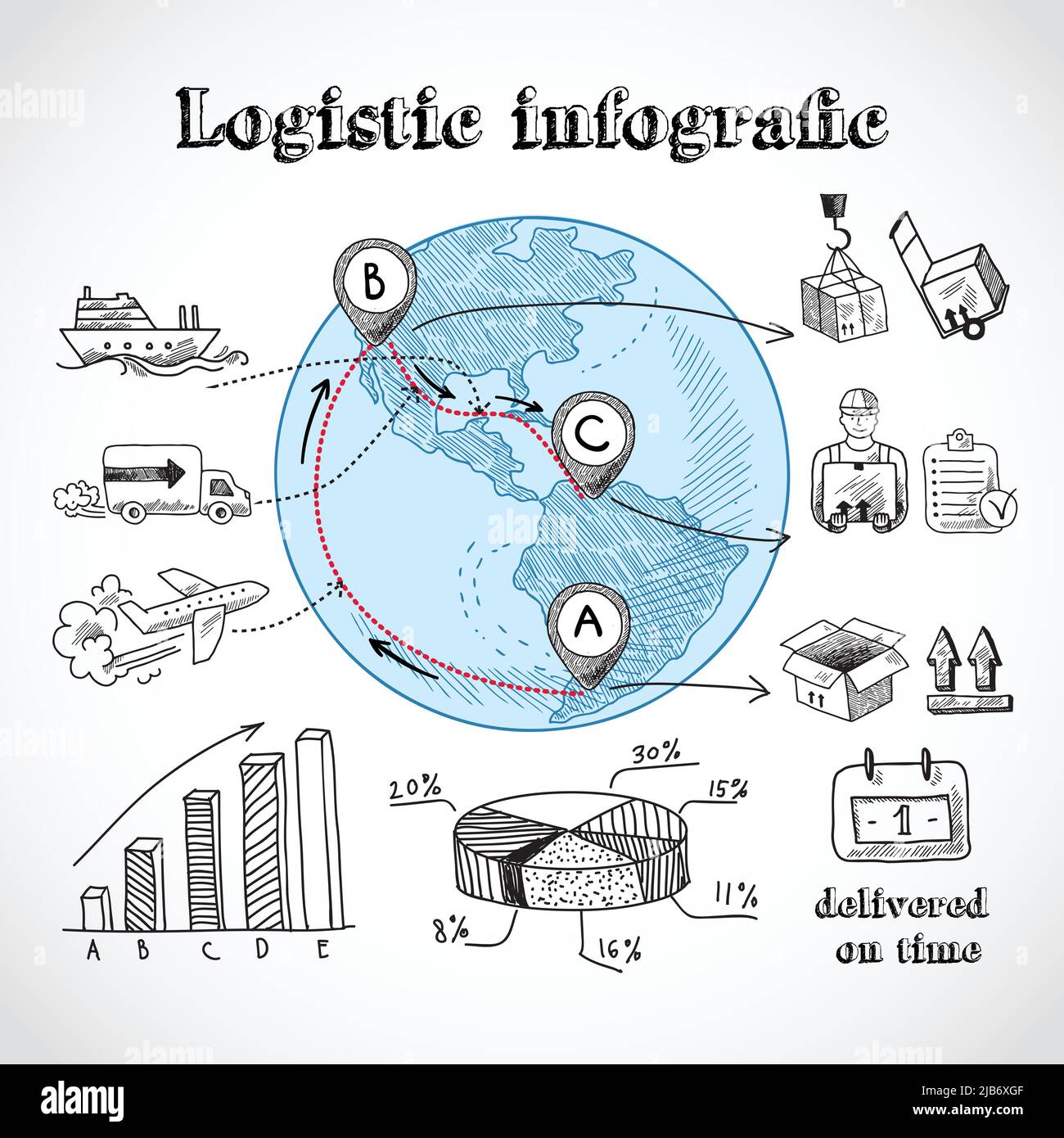 Globe with world map and doodle logistic infographic elements and ...