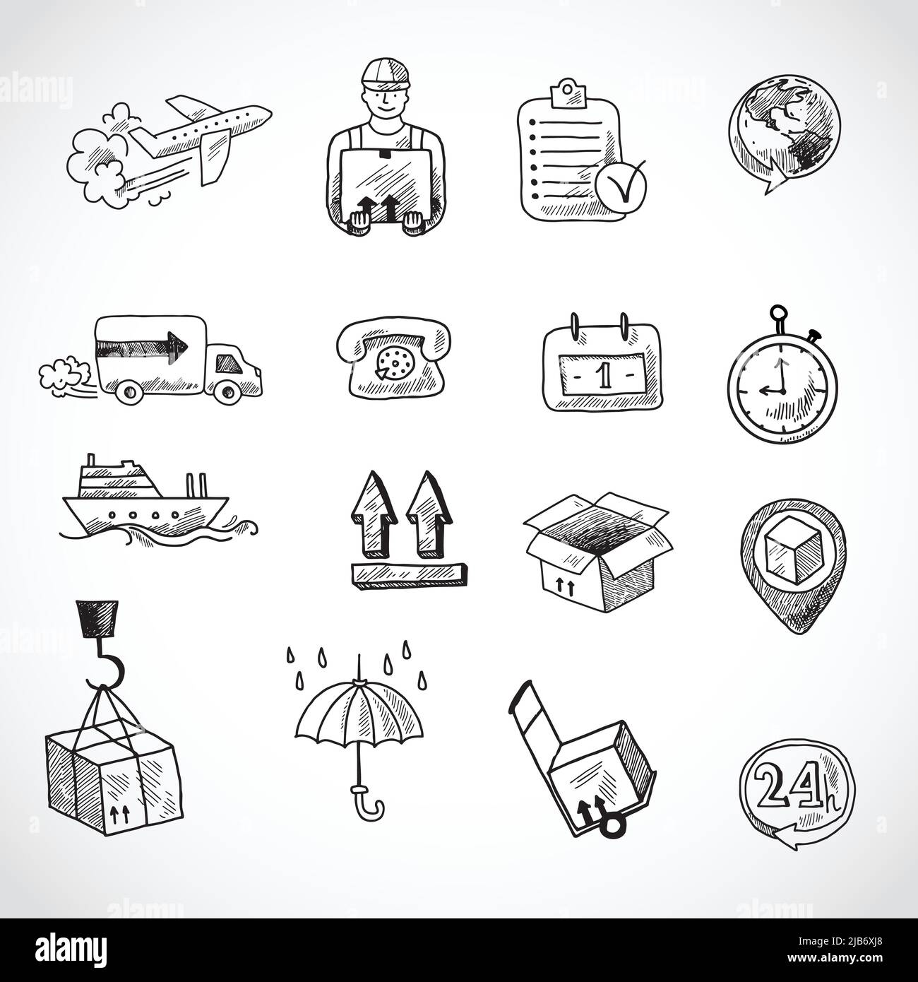 Logistic shipping freight service supply hand drawn doodle icons set ...