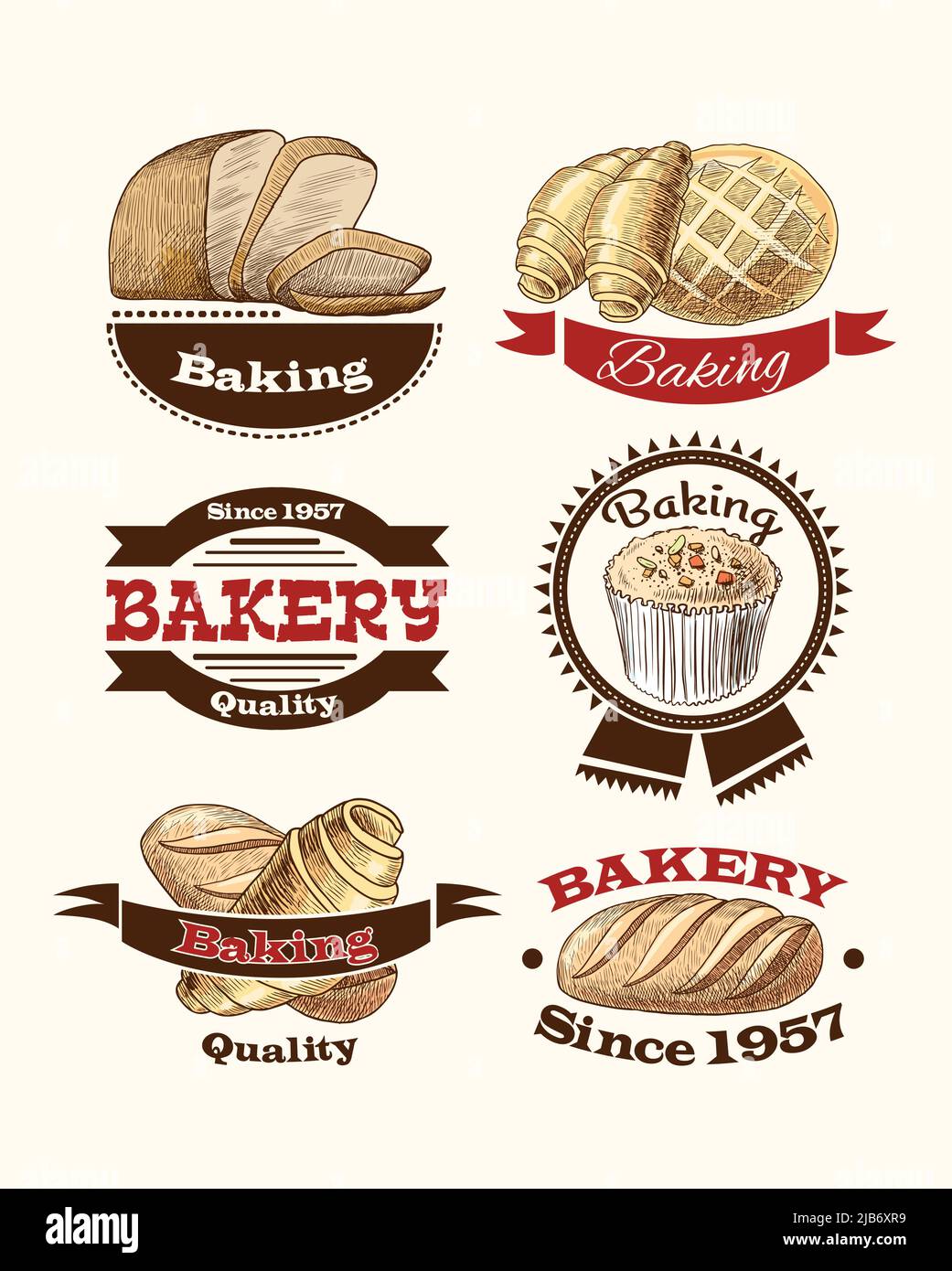 Bread cup cake and croissant pastry vintage bakery food labels vector ...