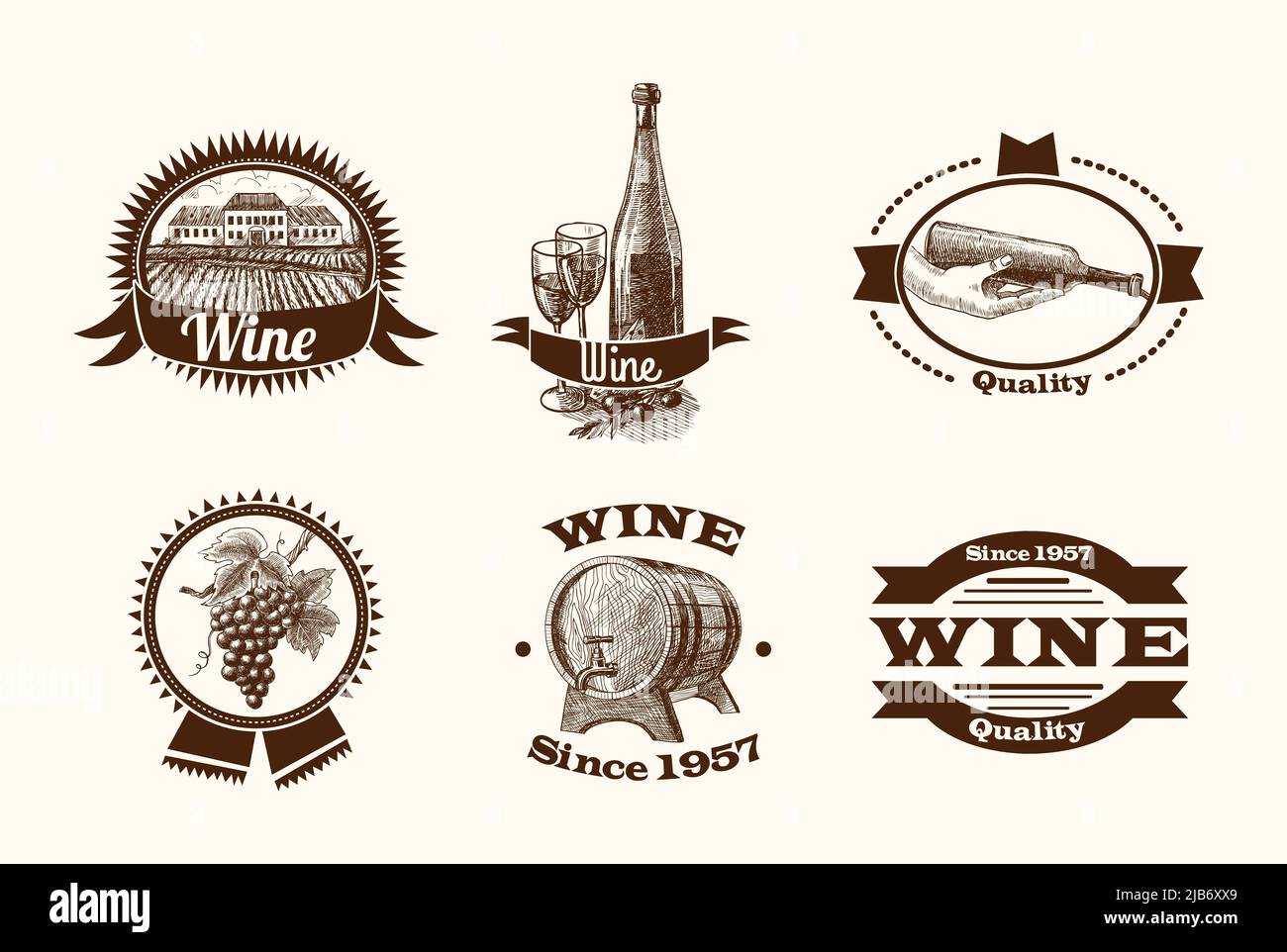 Wine vintage sketch decorative hand drawn labels set of barrel grape ...