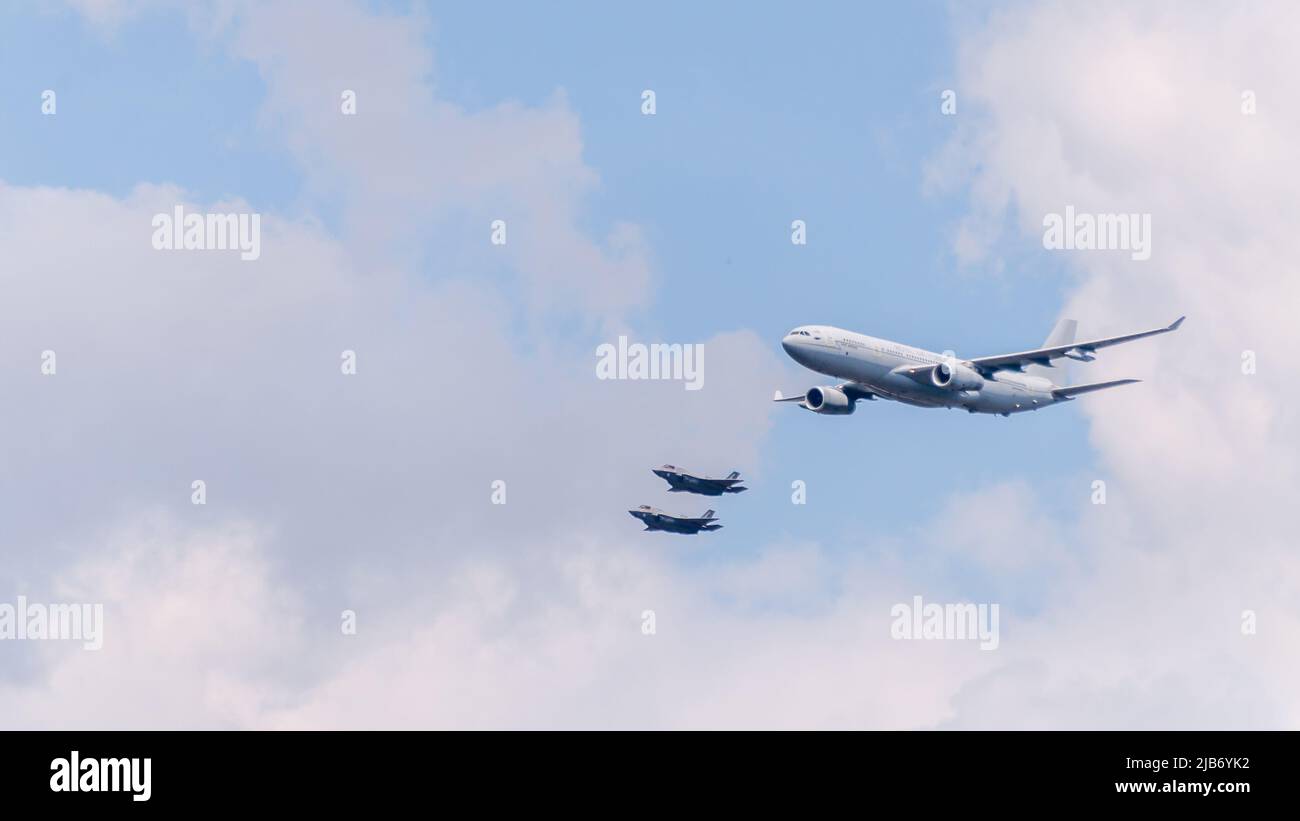 Royal Air Force aircrafts perform a fly-past during the celebration of ...
