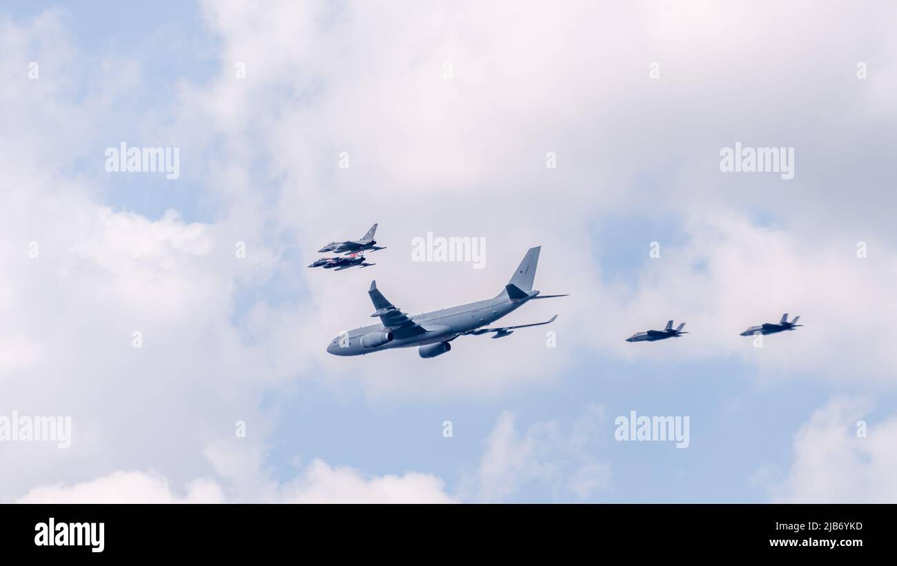 Royal Air Force aircrafts perform a fly-past during the celebration of ...