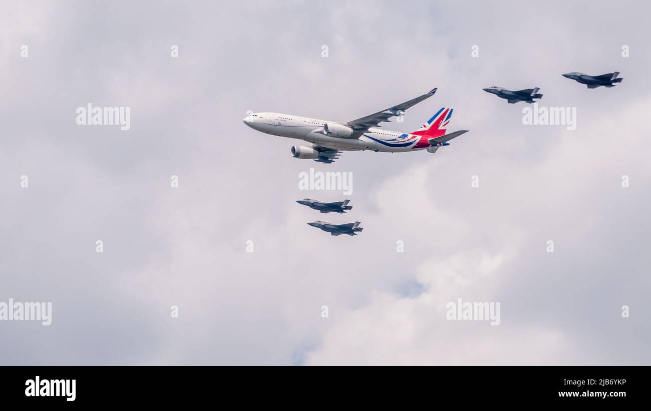 Royal Air Force aircrafts perform a fly-past during the celebration of ...
