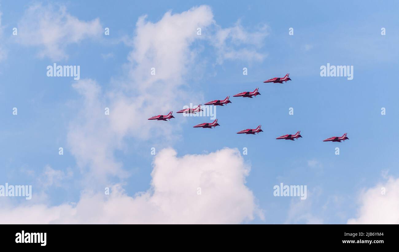 Royal Air Force aircrafts perform a fly-past during the celebration of ...