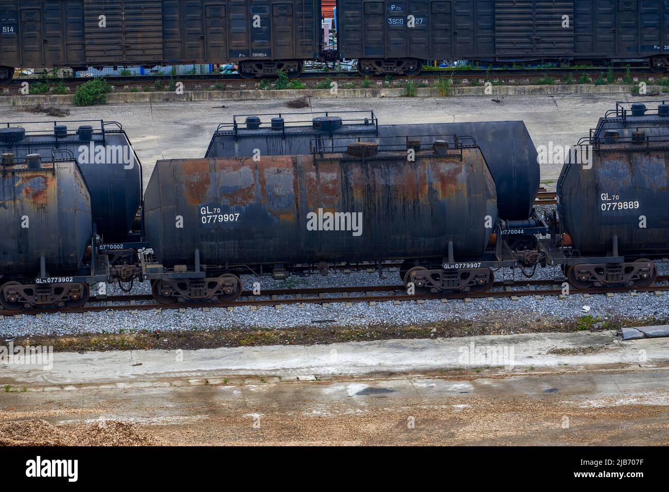Freight train carriage in freight train station Stock Photo - Alamy