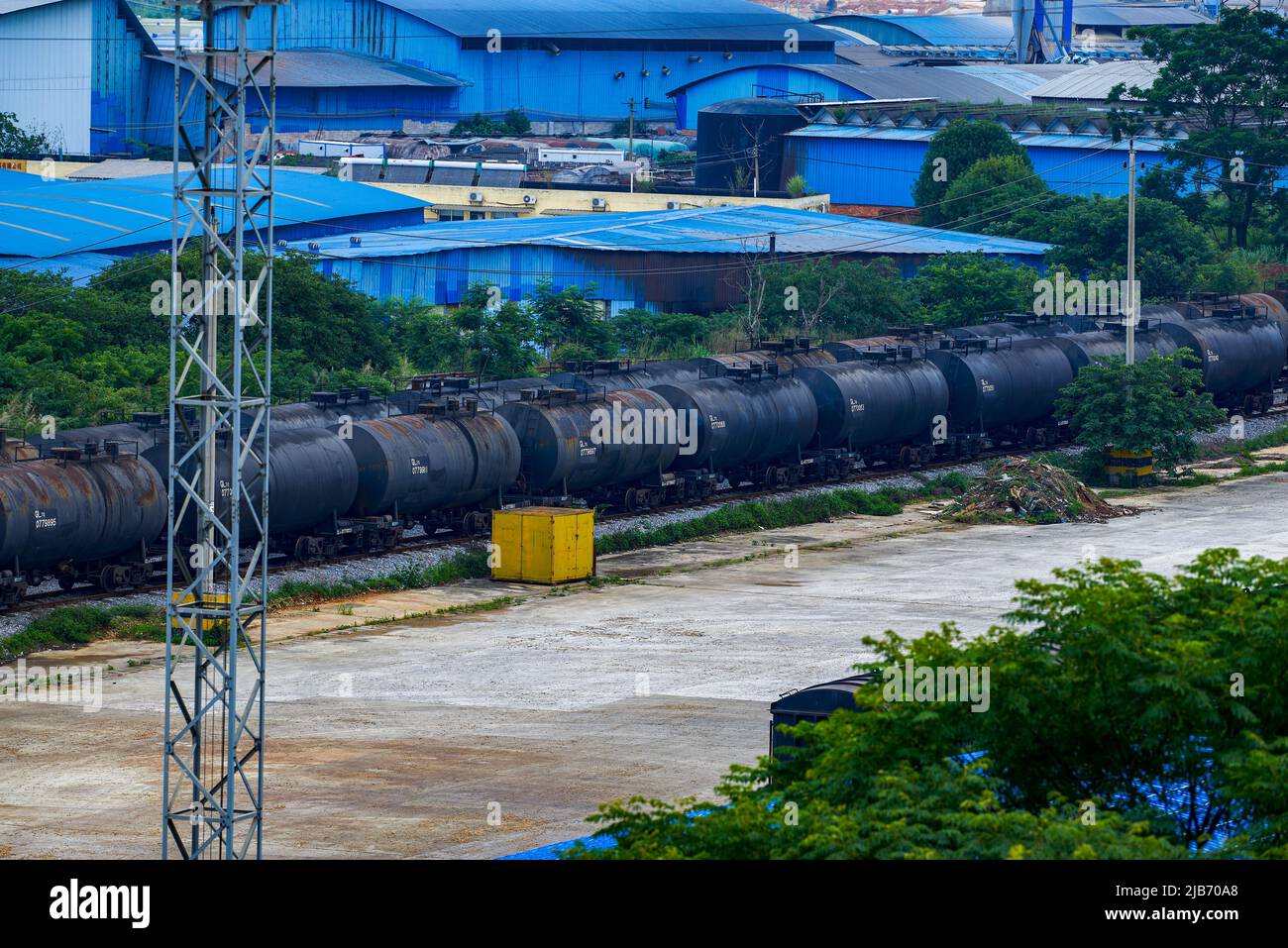 Freight train carriage in freight train station Stock Photo - Alamy