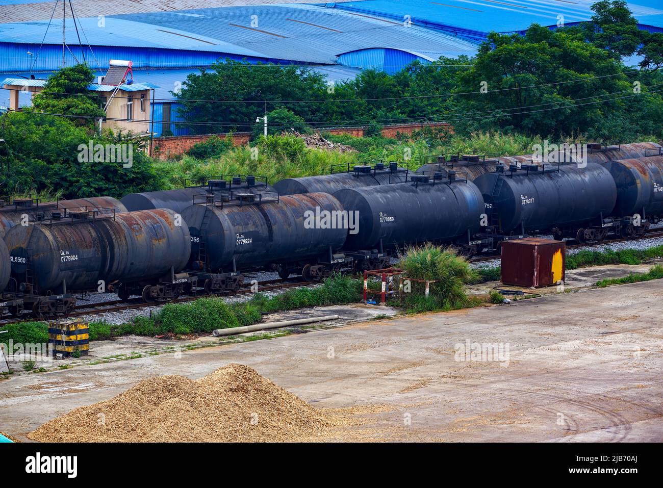 Freight train carriage in freight train station Stock Photo - Alamy