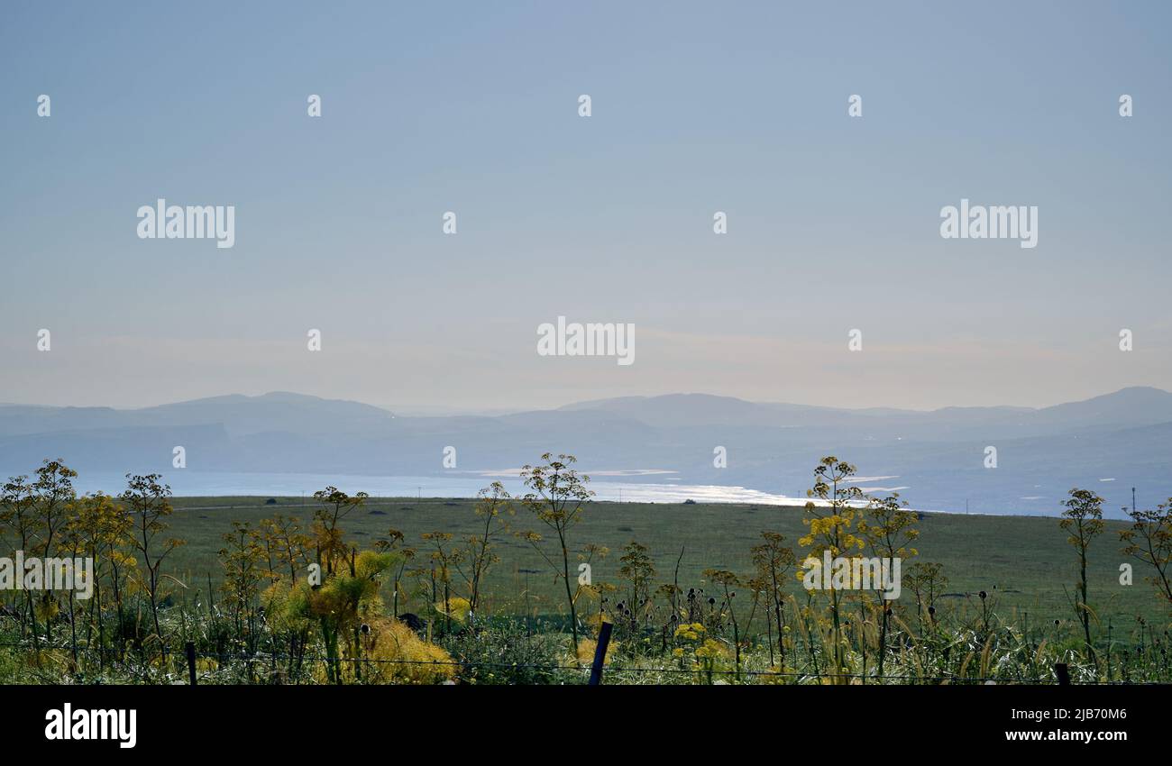 Panorama landscape of a green plain with hills and mountains in the ...