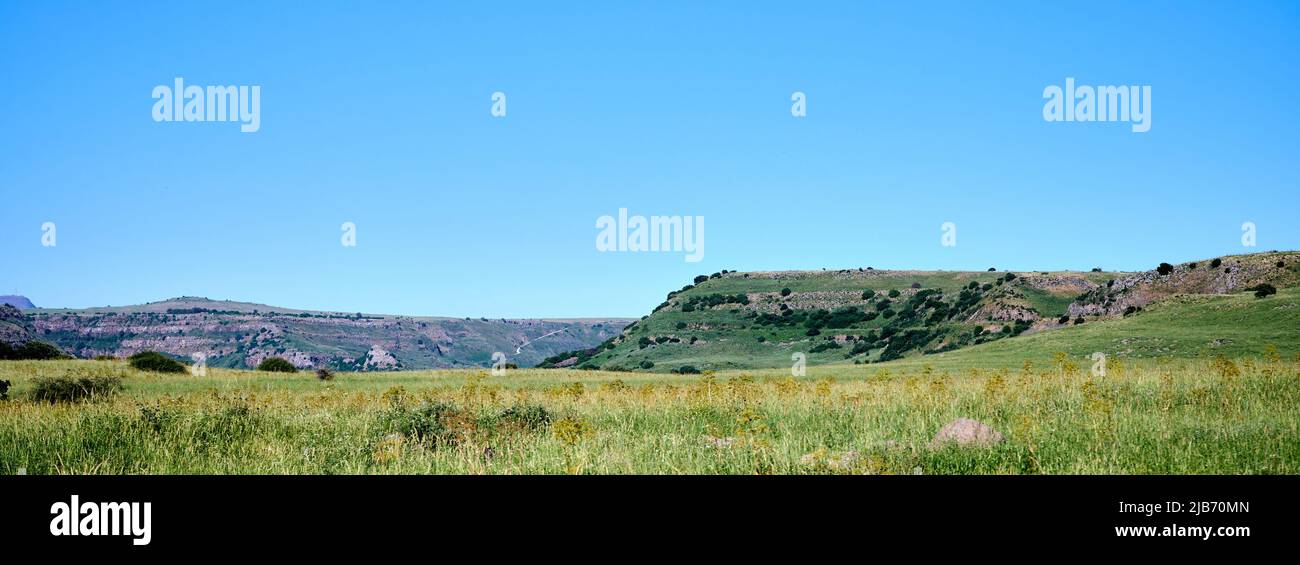 Panorama landscape of a green plain with hills and mountains in the ...