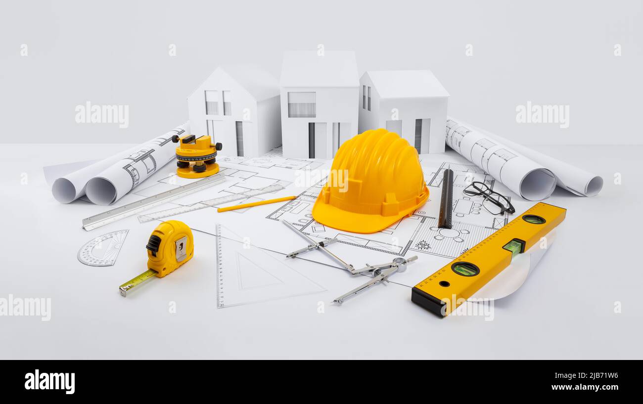 House construction plan concept. Tools for draw blueprint and building ...