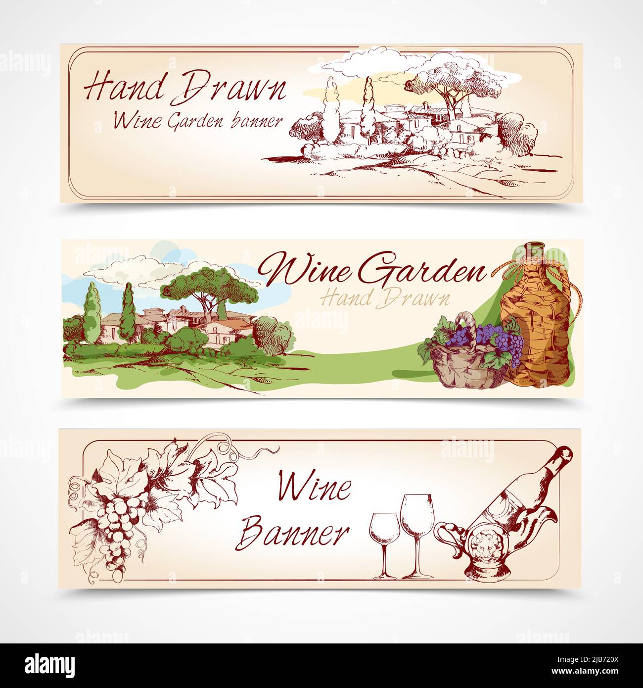 Hand drawn wine garden banner set with grape house bottle elements ...