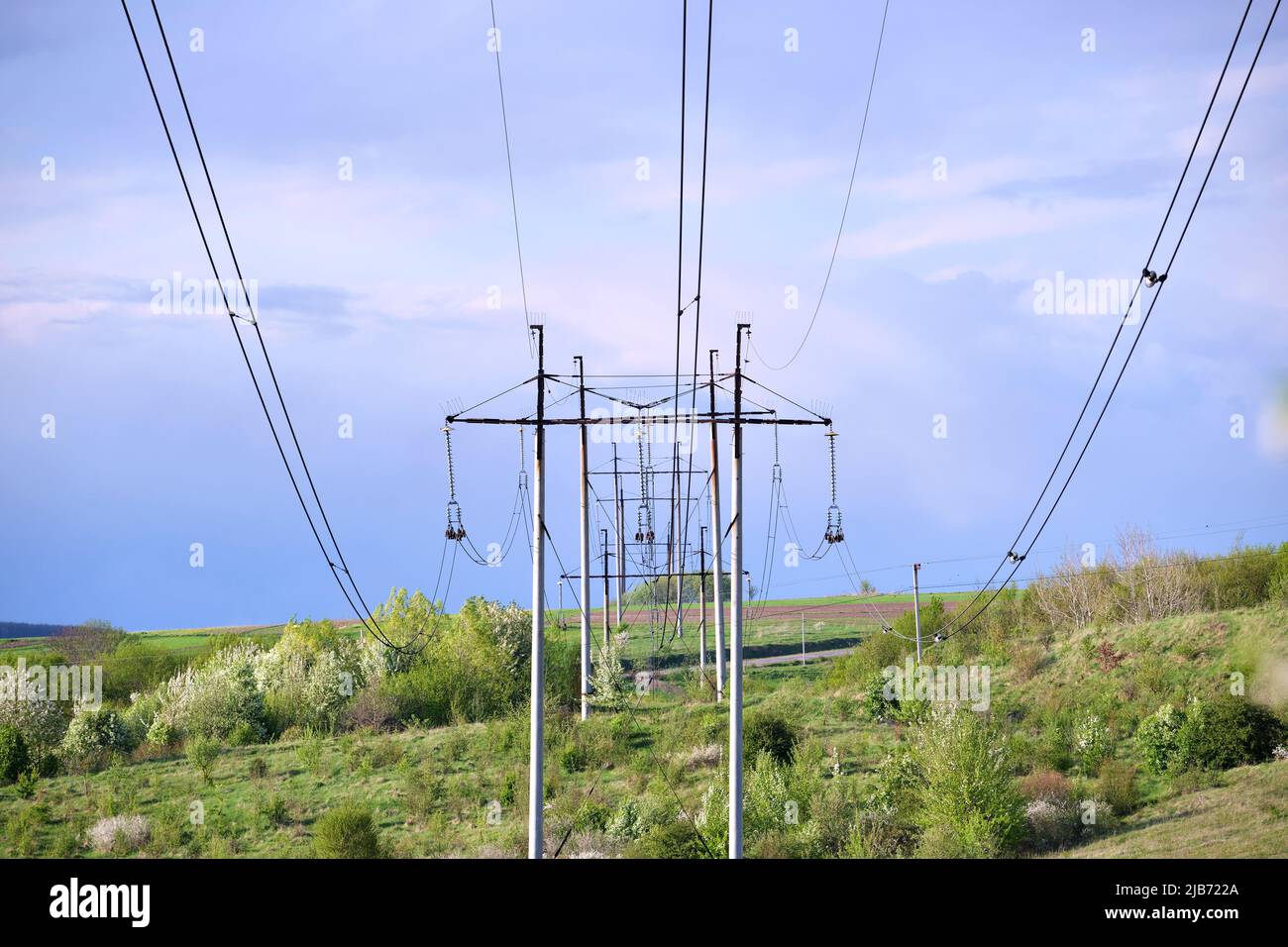 Steel pillar with high voltage electric power lines delivering ...