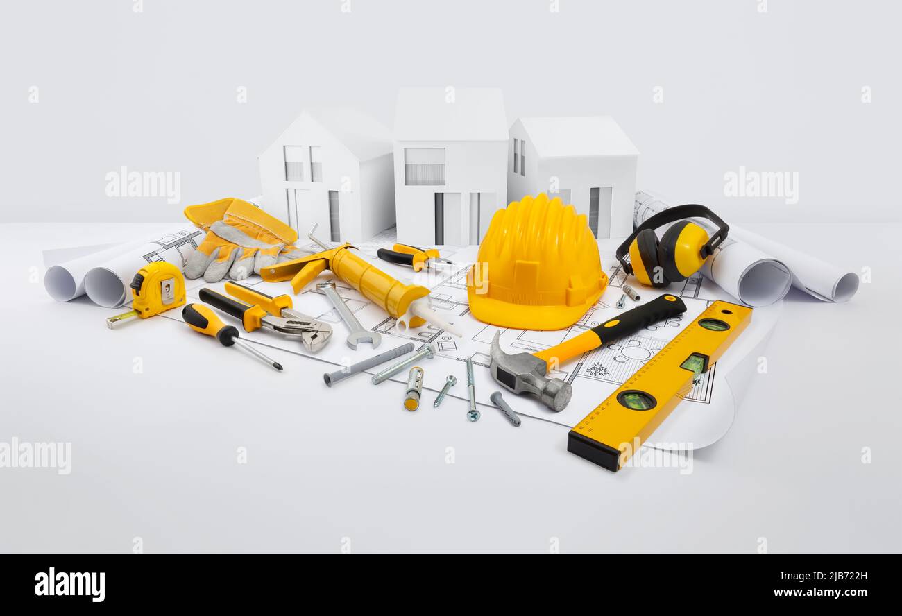 House construction plan concept. Tools for building work. Architectural ...