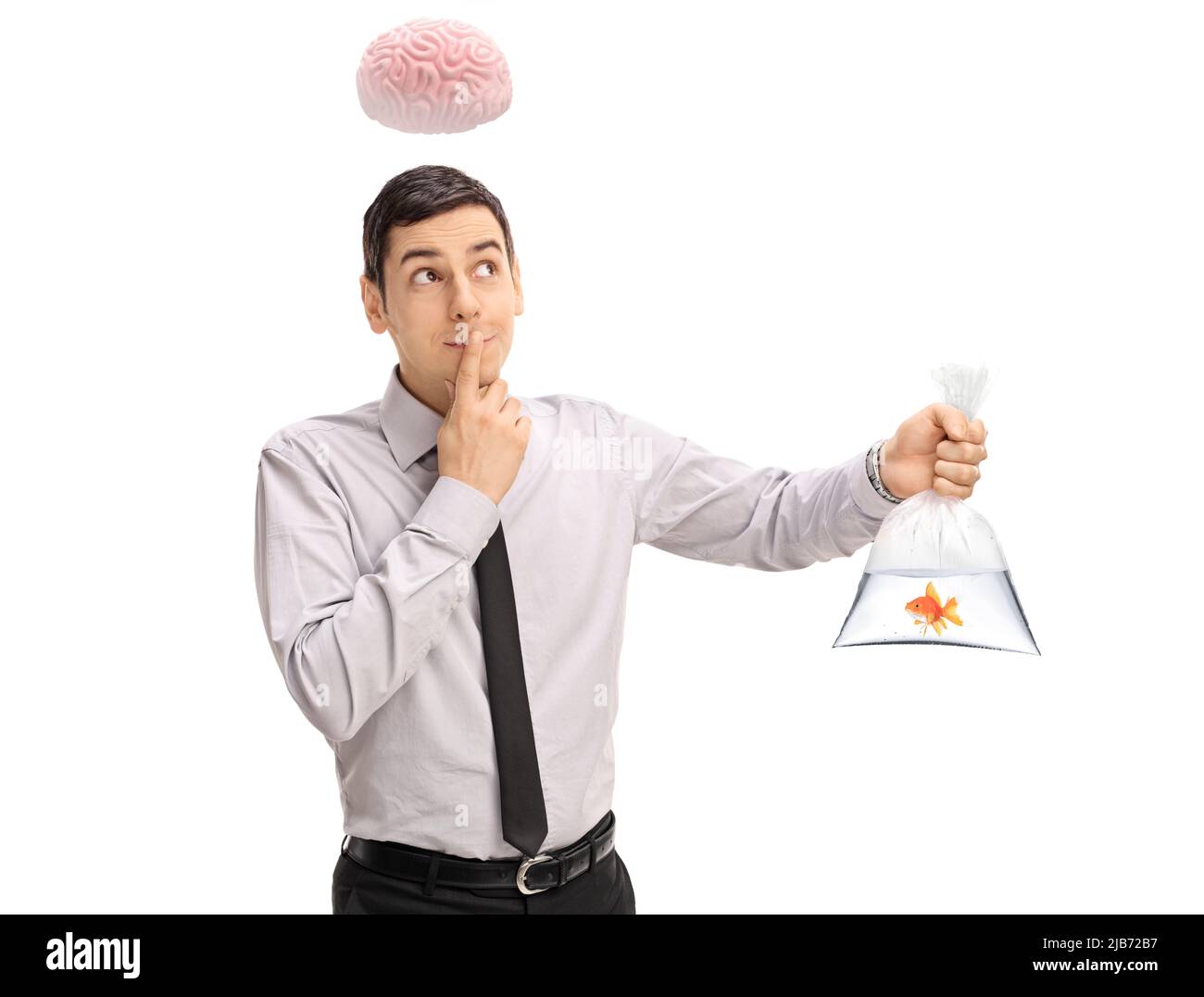 Young clever man with brain above his head holding a goldfish in a ...