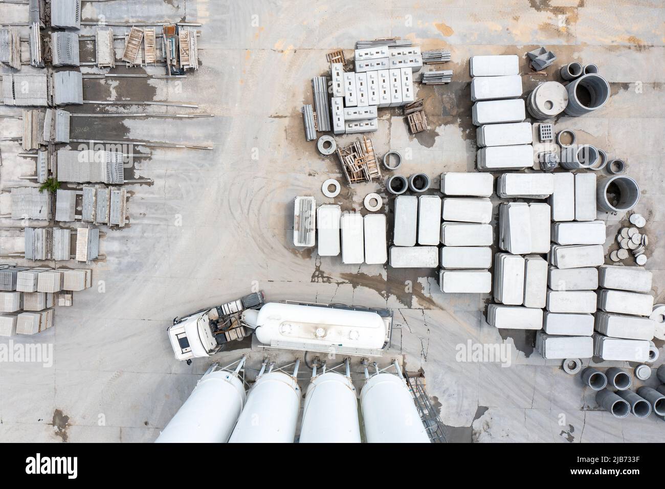Cement Factory. Concrete Elements. Aerial View of Industrial Place ...