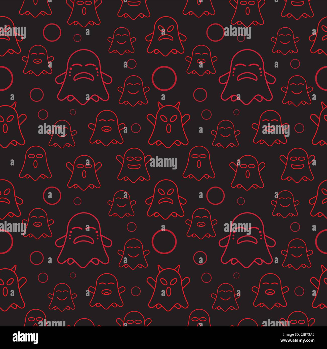 Cute ghost seamless pattern design template. Red outline design style in black color background ...