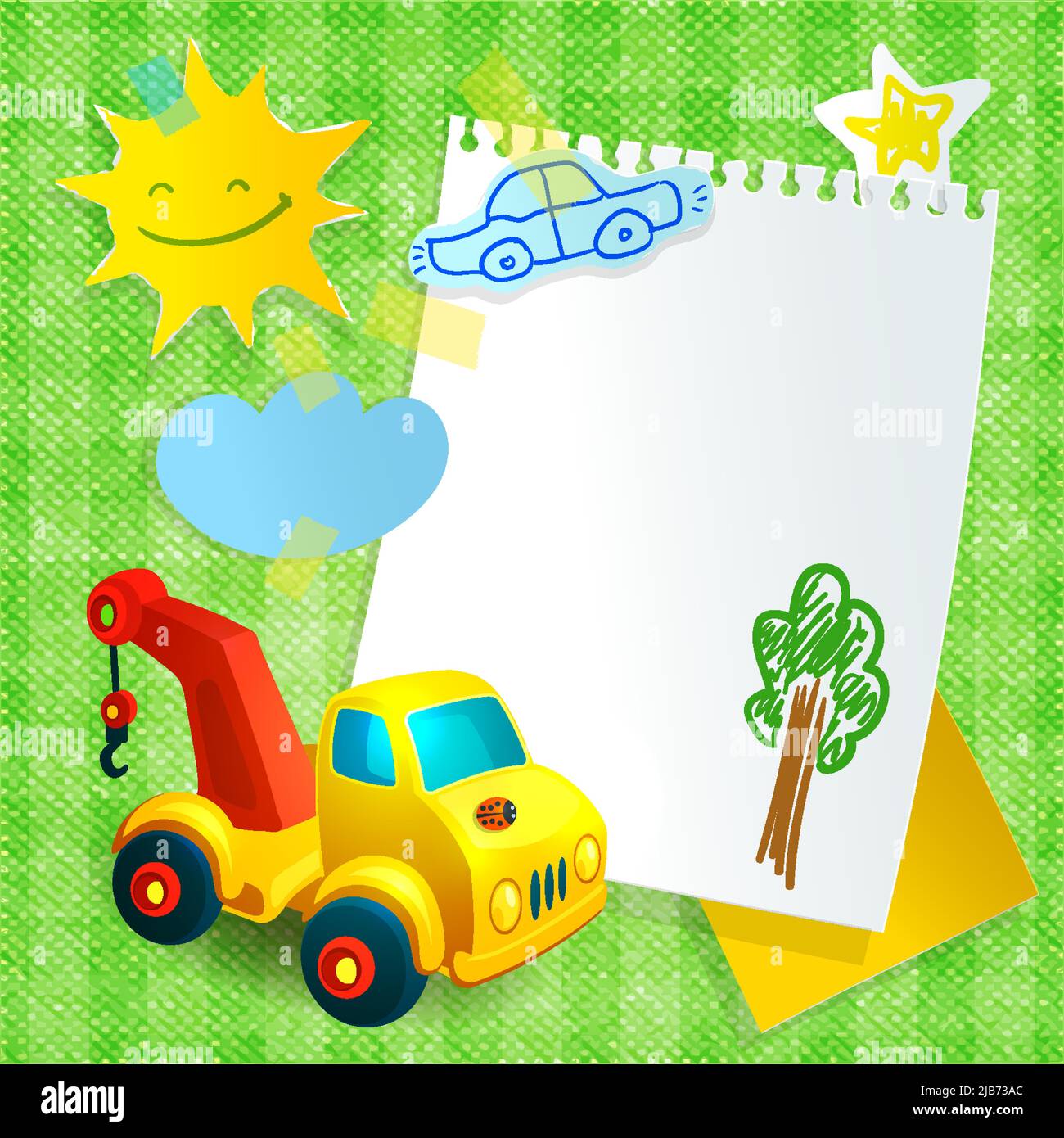 Toy construction machine postcard template with car and smiling sun ...