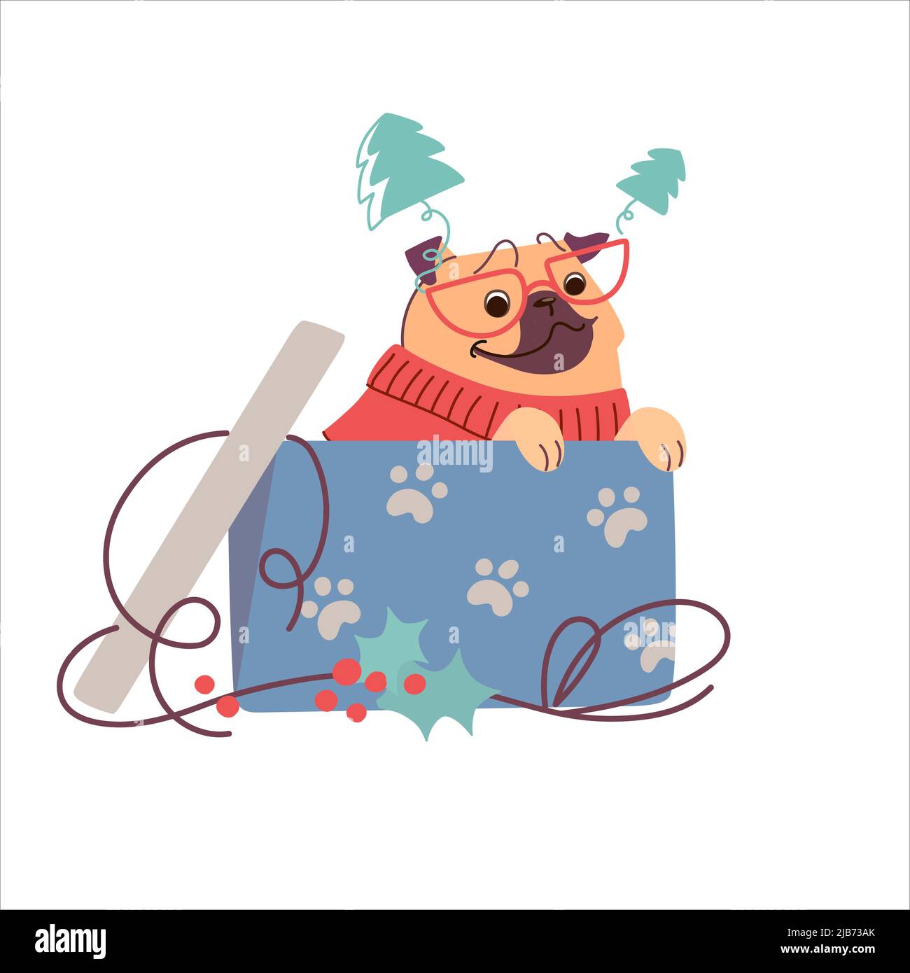 A pug that climbs out of a holiday box, a Christmas present. Cute New ...