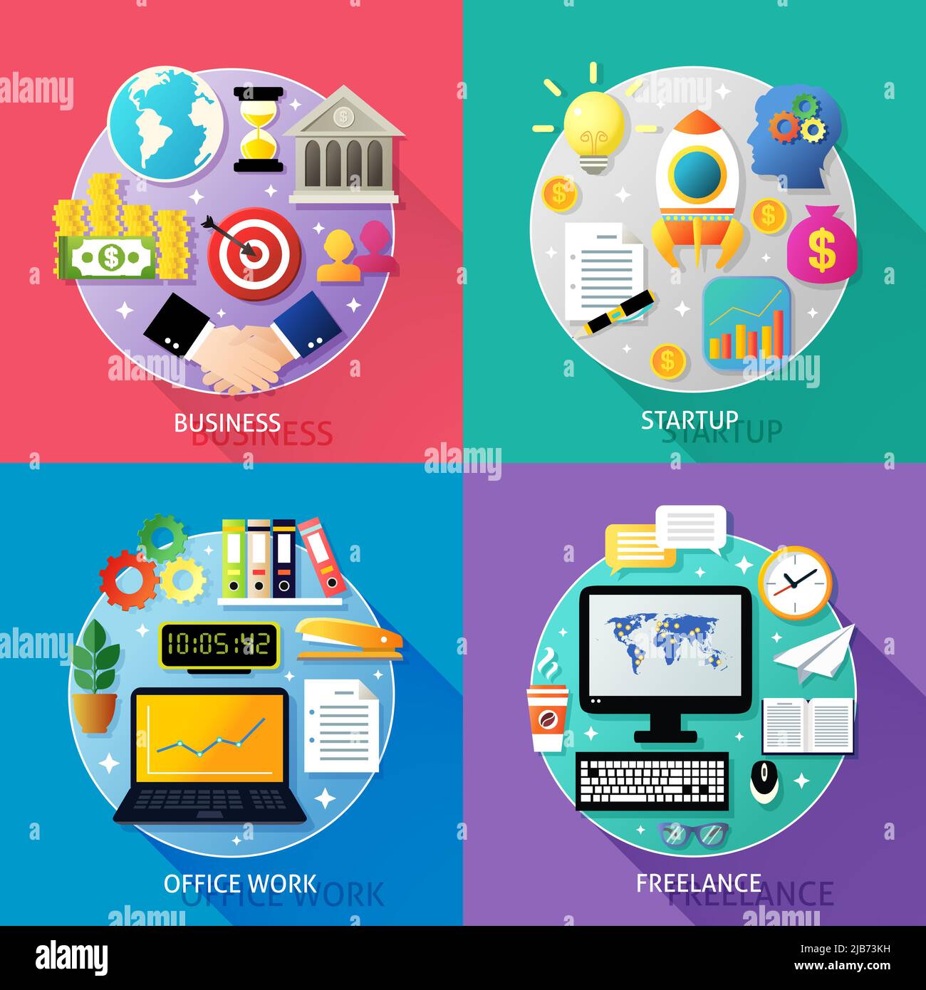 Business types concept startup office work freelance icons set isolated ...