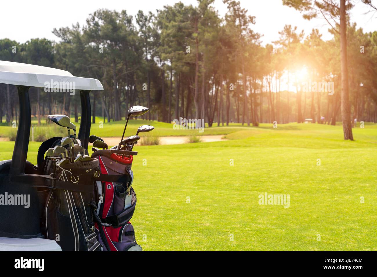 Set of golf clubs in golf bags in the back of a golf cart on a ...