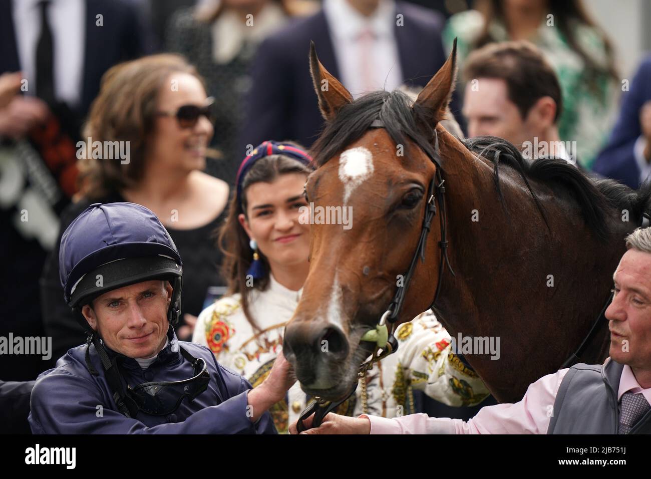 Ryan Moore reacts after winning the Cazoo Oaks riding Tuesday on Ladies ...