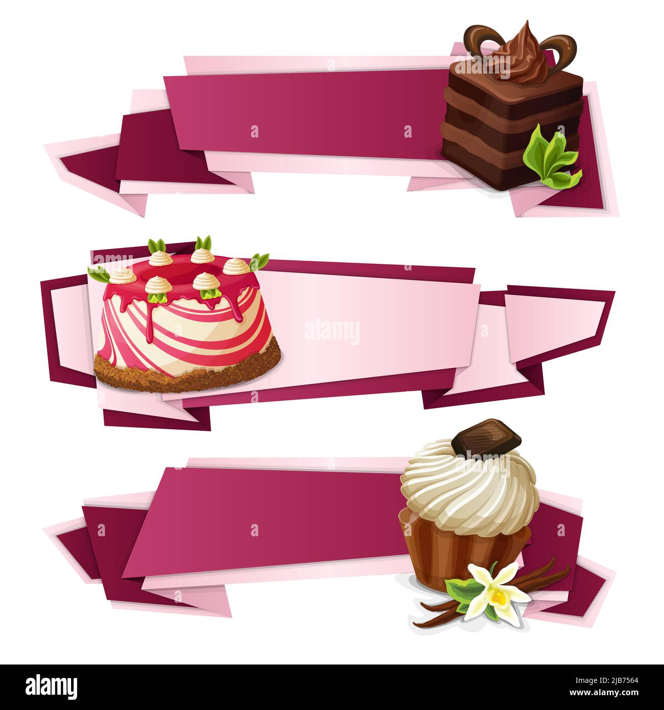 Decorative sweets food paper banners set with layered cake panna cotta ...