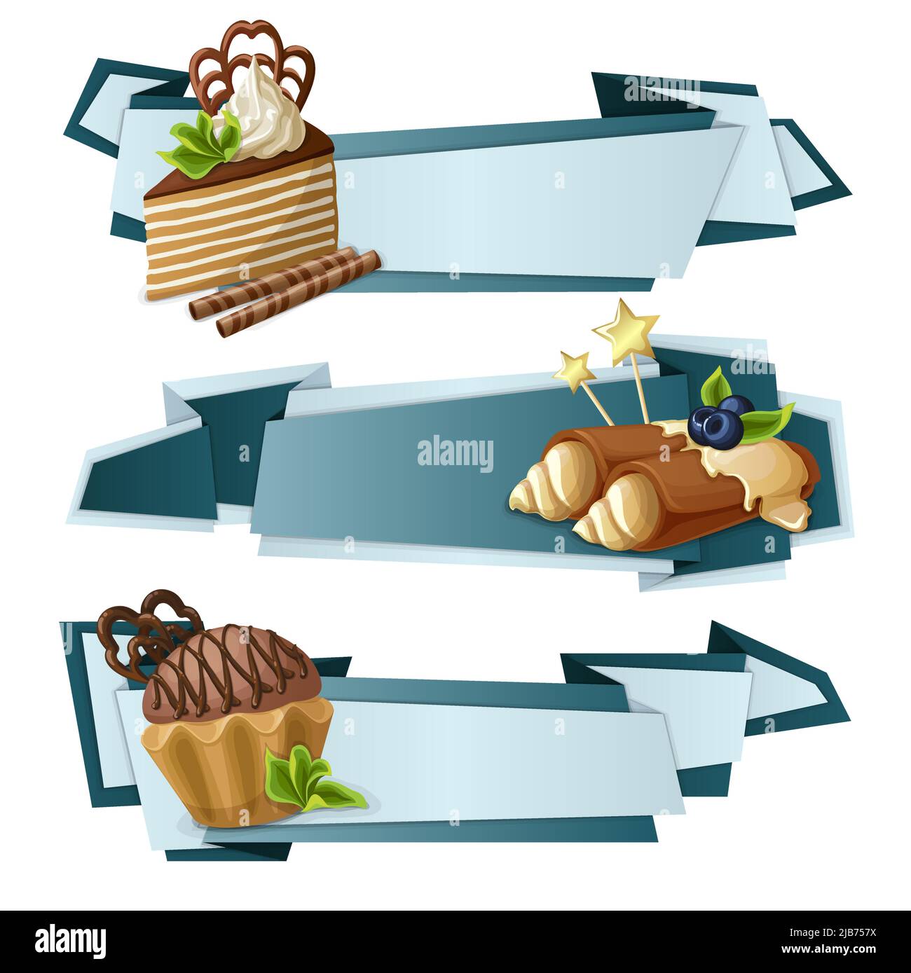 Decorative sweets food paper banners set with layered cake crepes ...