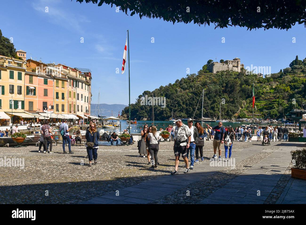 View of the famous main square of Portofino, called "Piazzetta", with ...