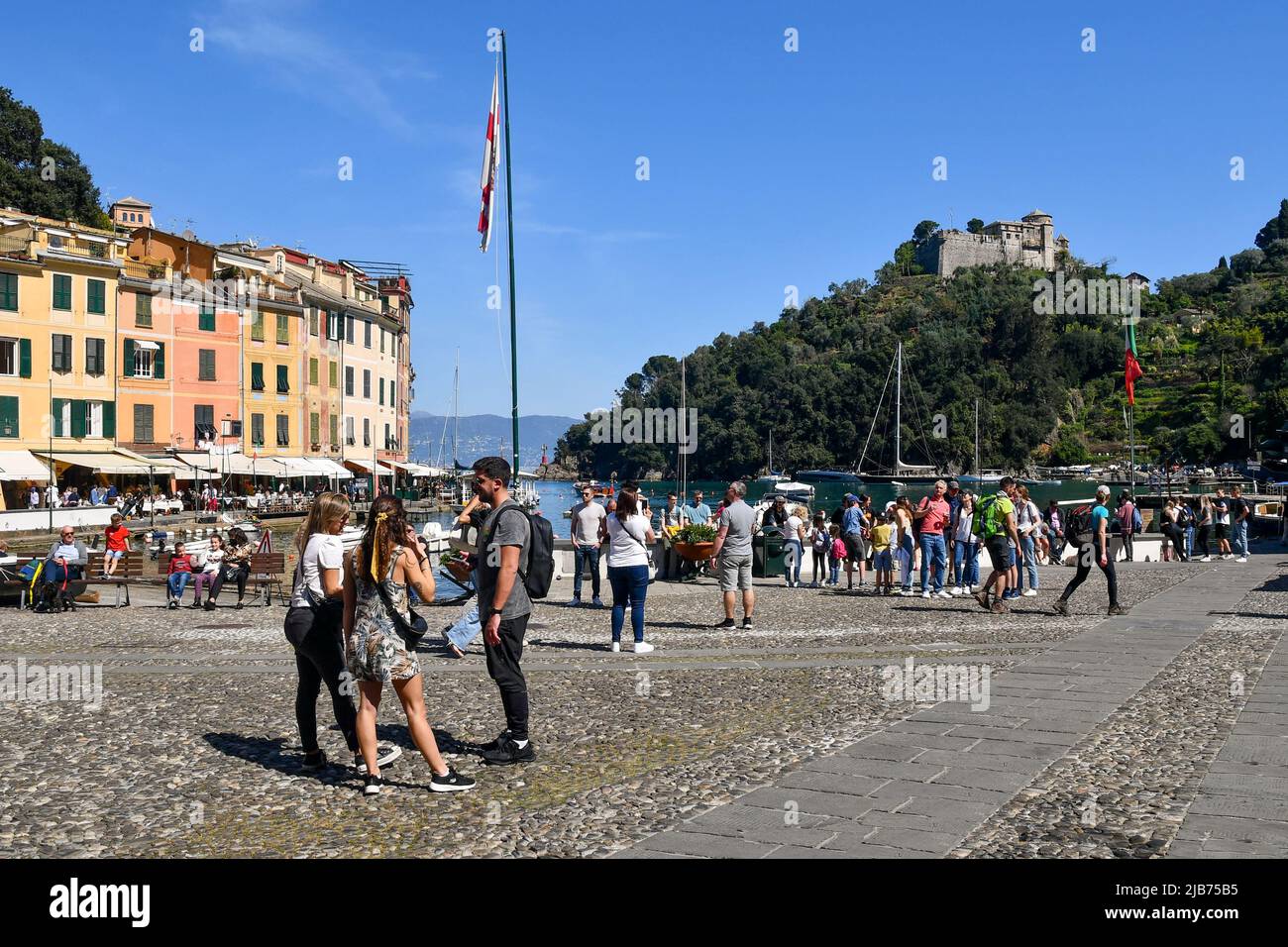 View of the famous main square of Portofino, called "Piazzetta", with ...